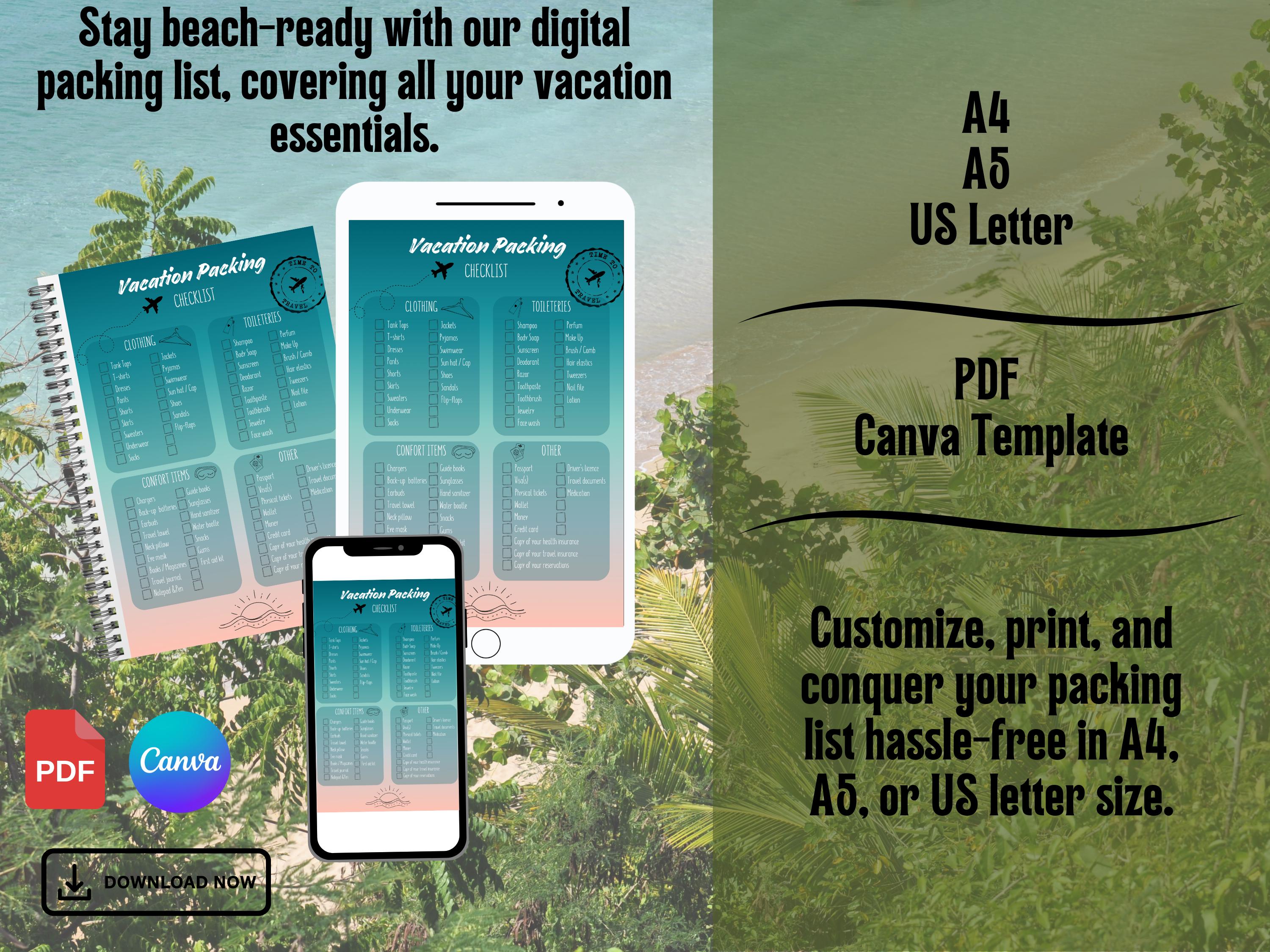 Packing List for SUMMER Vacation, EDITABLE and PRINTABLE, Travel ...