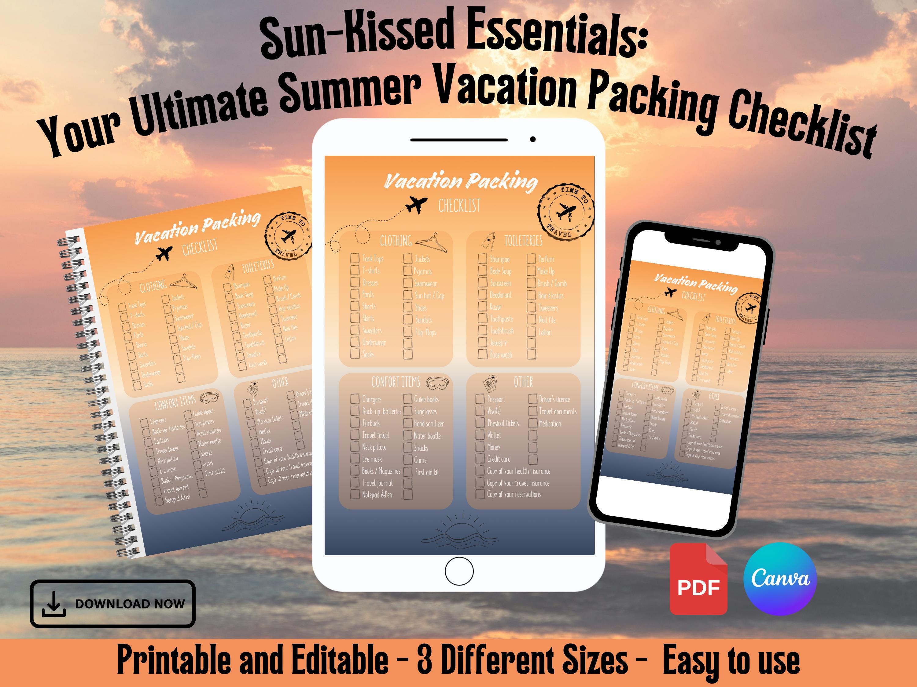Packing List for SUMMER Vacation, EDITABLE and PRINTABLE, Travel ...
