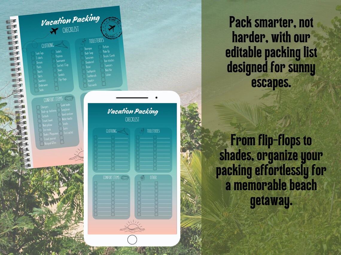 Packing List for SUMMER Vacation, EDITABLE and PRINTABLE, Travel ...