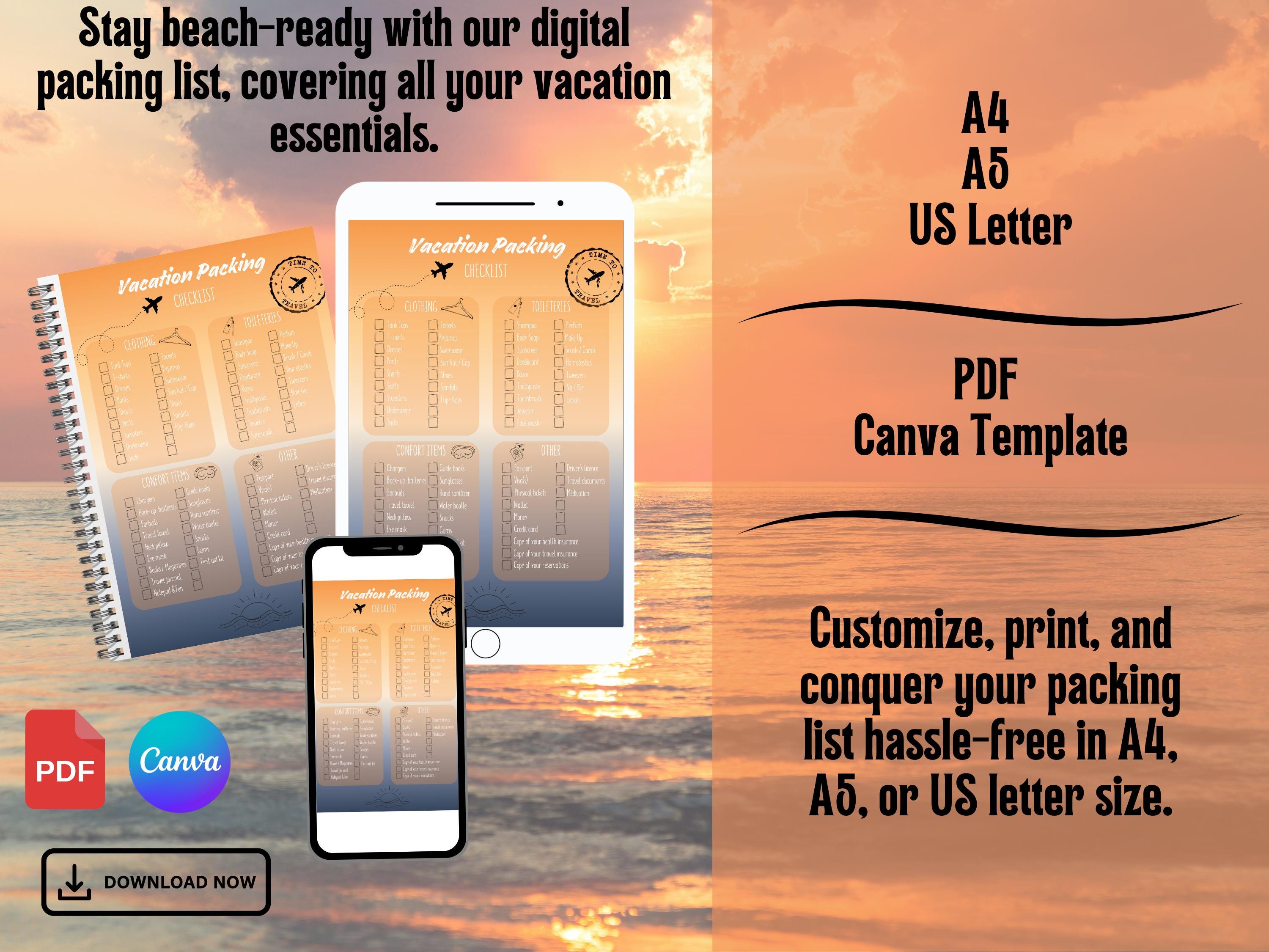 Packing List for SUMMER Vacation, EDITABLE and PRINTABLE, Travel ...