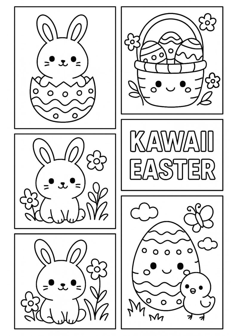 Kawaii Easter Handdrawn Coloring Pages | 3 Page Printable Digital ...