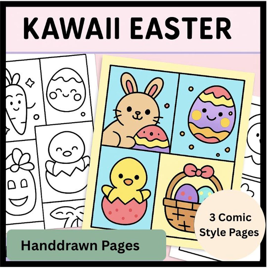 Kawaii Easter Handdrawn Coloring Pages | 3 Page Printable Digital ...