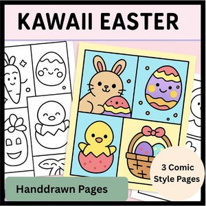 Kawaii Easter Handdrawn Coloring Pages | 3 Page Printable Digital ...