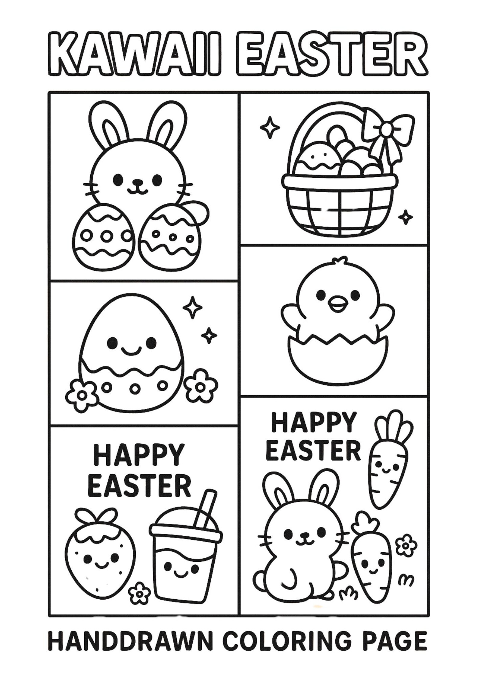 Kawaii Easter Handdrawn Coloring Pages | 3 Page Printable Digital ...