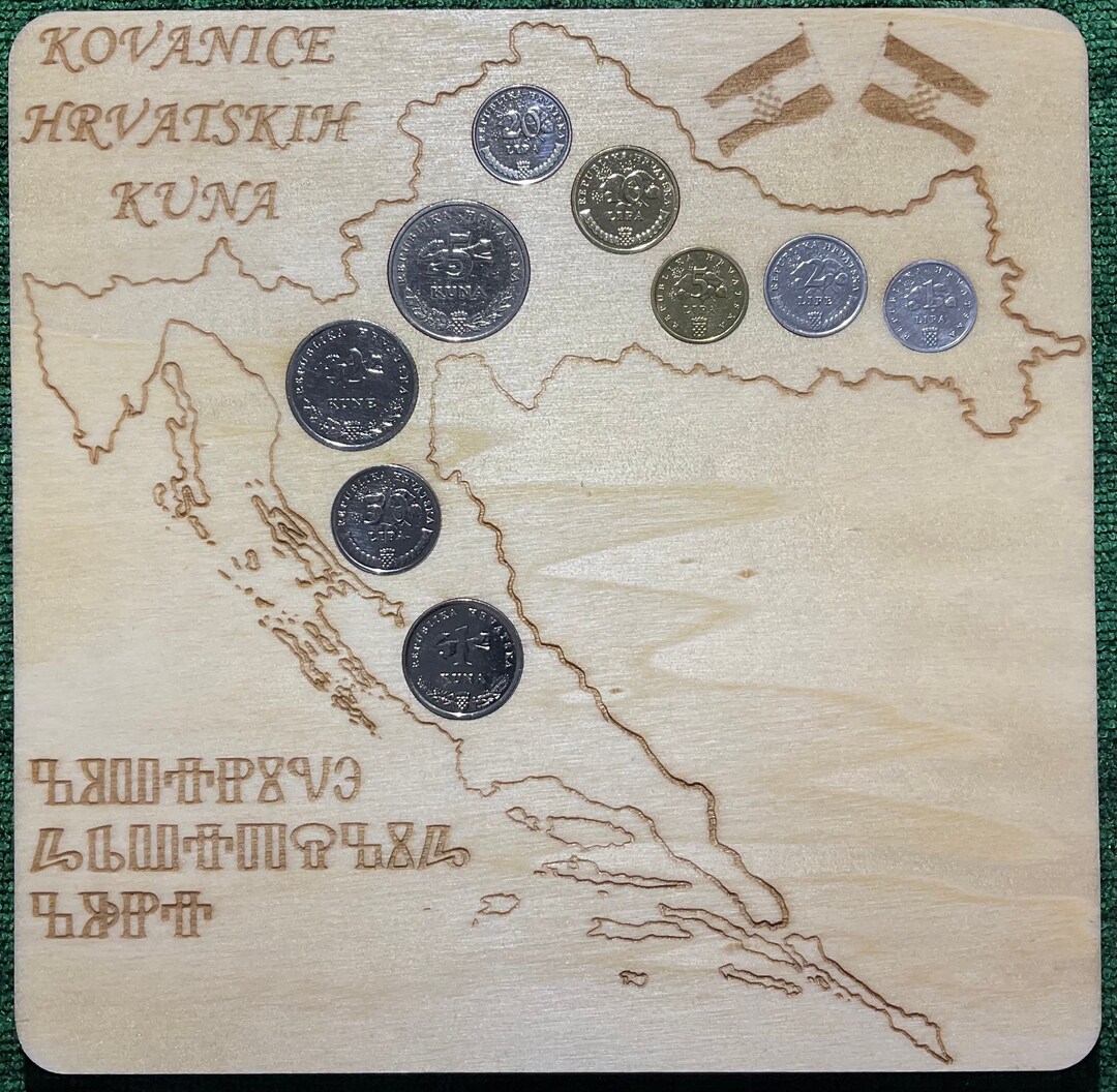 CROATIAN KUNA Coins Set Embedded in an Engraved Plywood Display With a ...