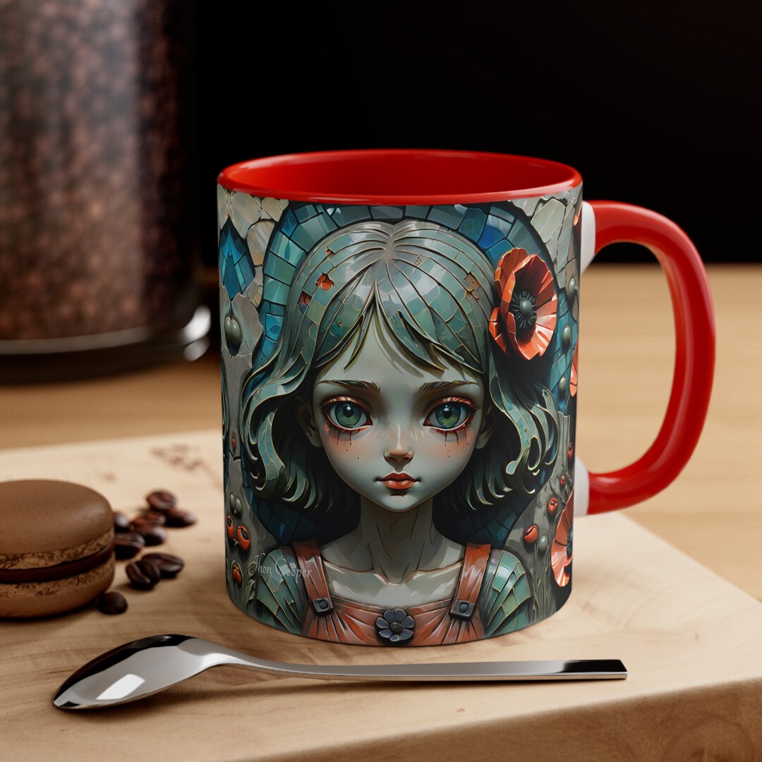 Marble Anime Girl With Poppies Mug Whimsical Ceramic Drinkware Unique ...