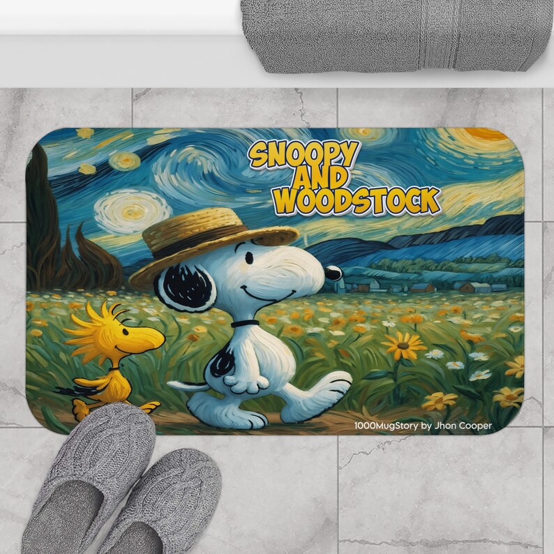 Snoopy and Woodstock Van Gogh Style Bathroom Rug Cheerful Vibes Every ...
