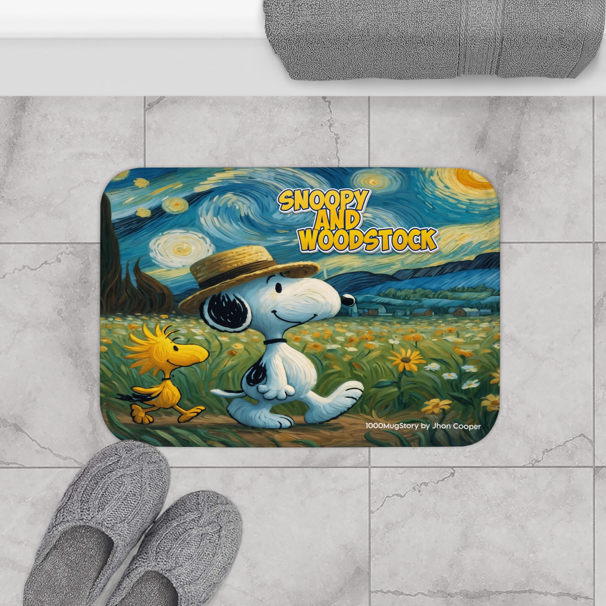 Snoopy and Woodstock Van Gogh Style Bathroom Rug Cheerful Vibes Every ...