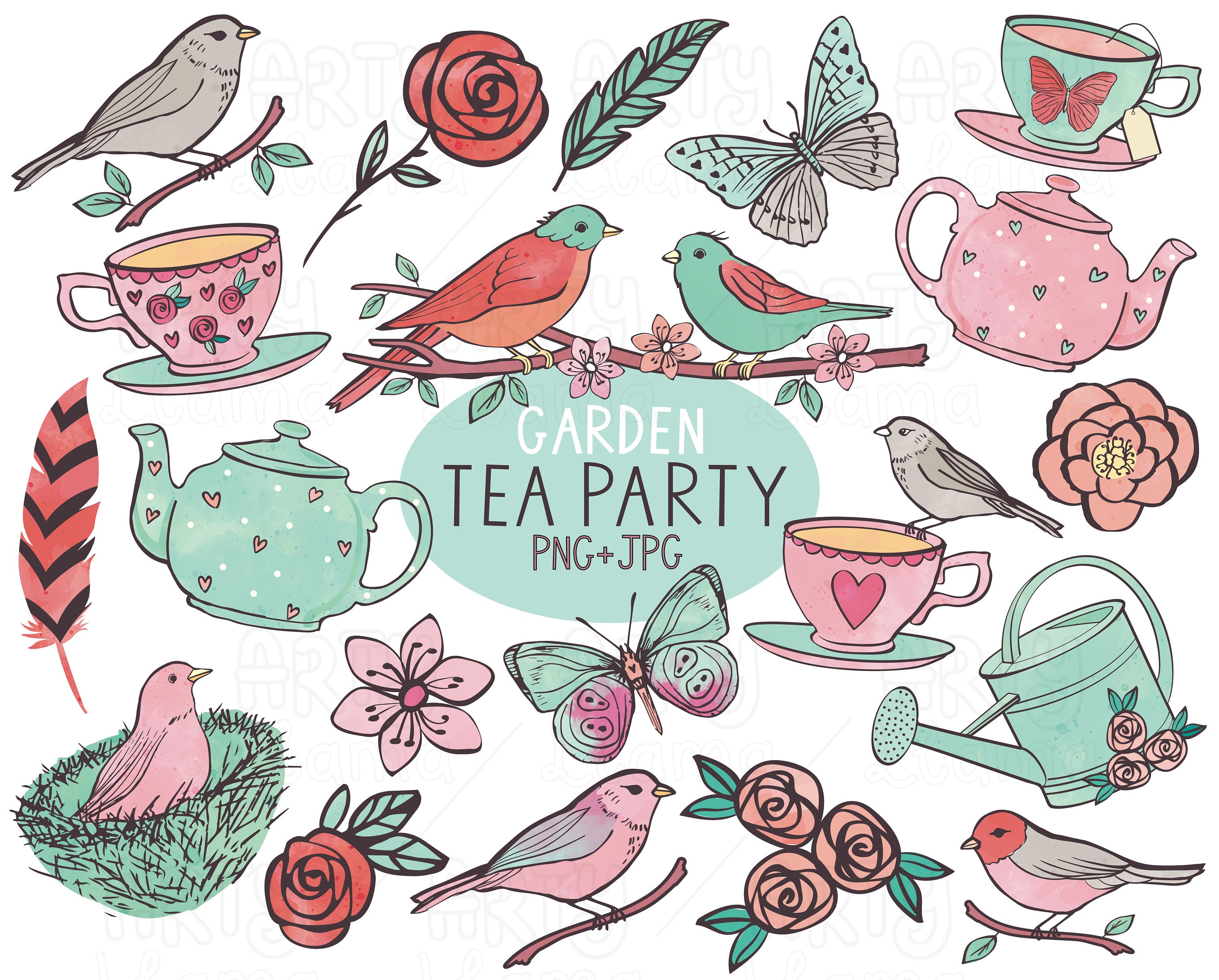 Garden Tea Party Clip Art Pretty Floral Clip Art Set Spring - Etsy