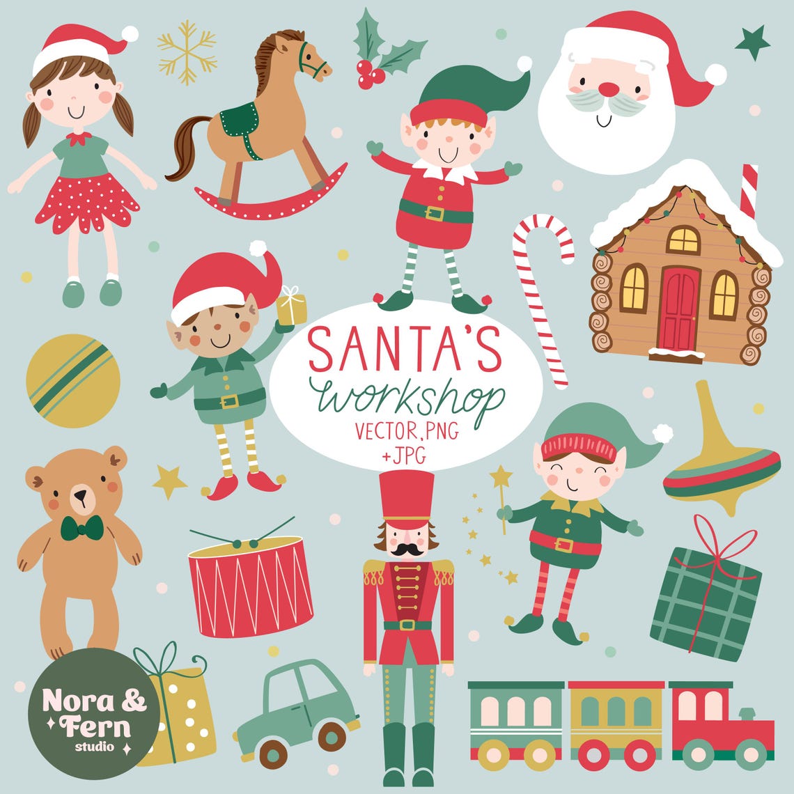 Christmas Characters Clip Art: Santa, Elf, Nutcracker, Train, Teddy ...