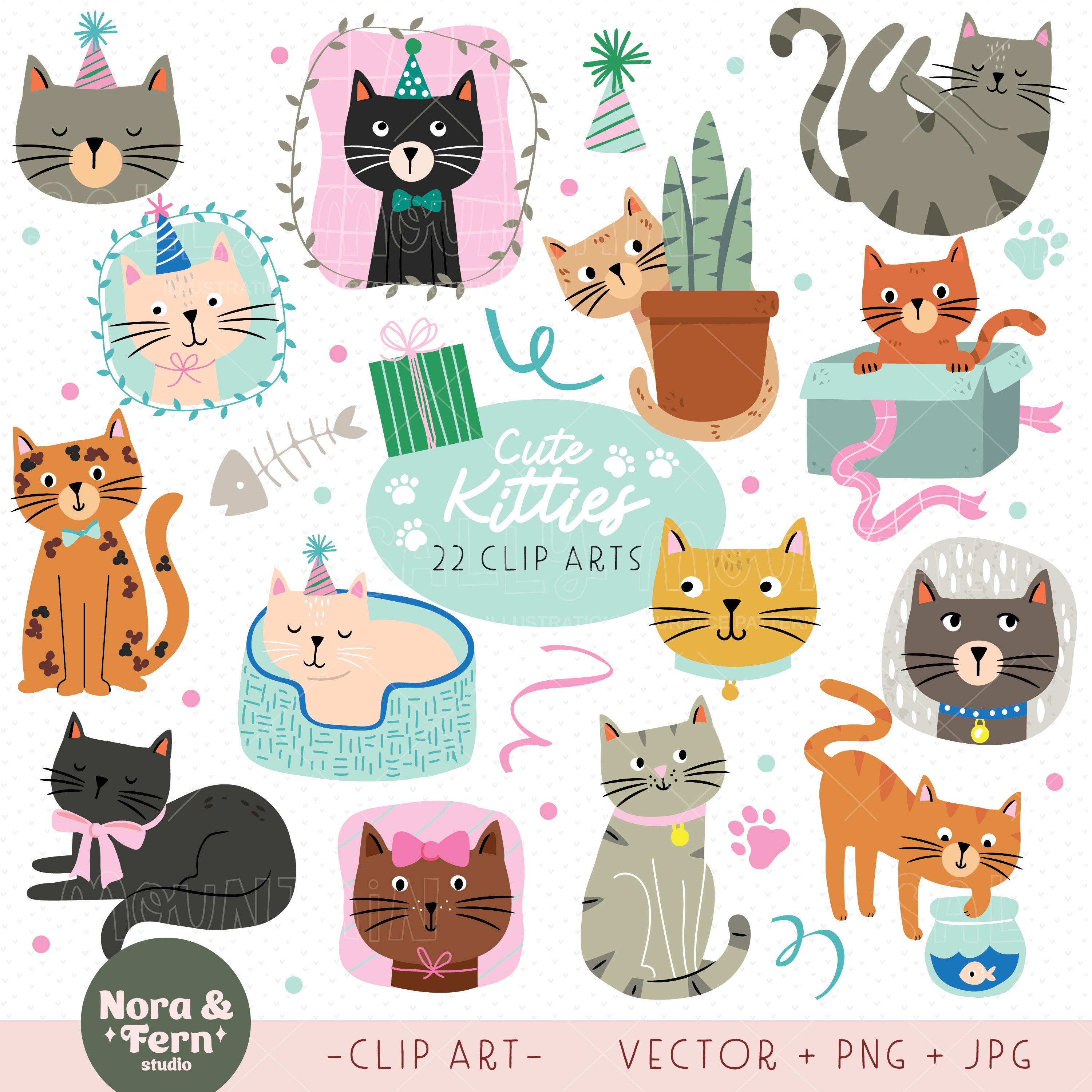 Cat Clip Art Set: Cute Cat PNG Illustrations for Scrapbooking, Party ...