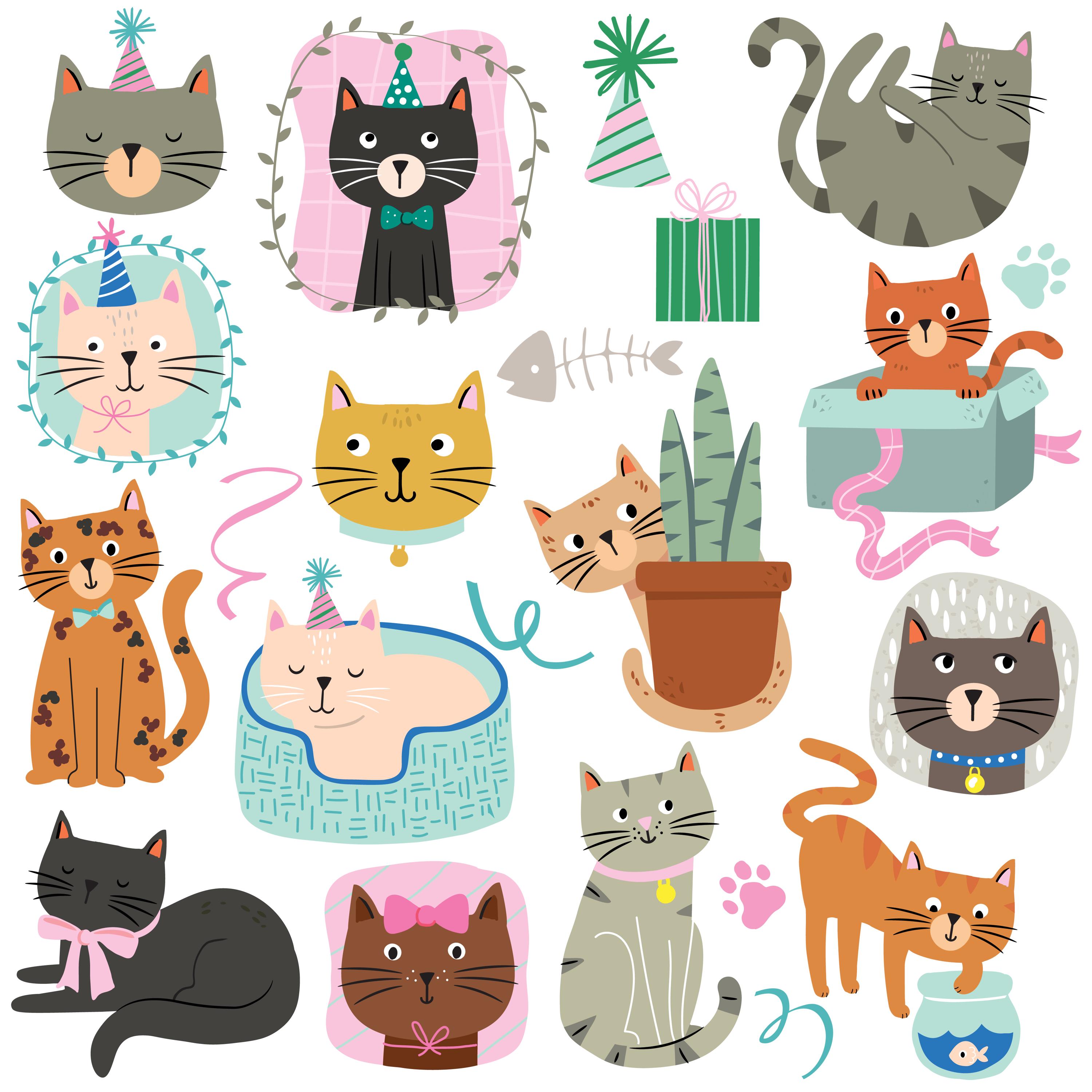 Cat Clip Art Set: Cute Cat PNG Illustrations for Scrapbooking, Party ...