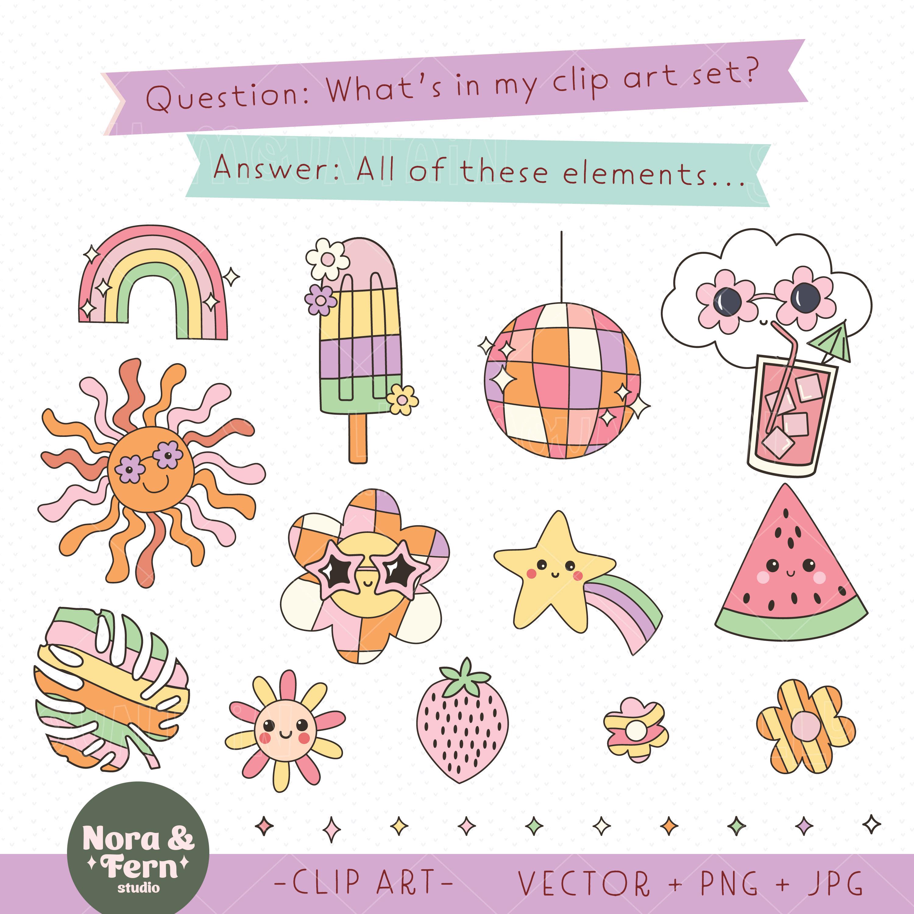 Retro Summer Designs Clip Art: Groovy Y2K Illustrations (PNG, JPG, EPS ...