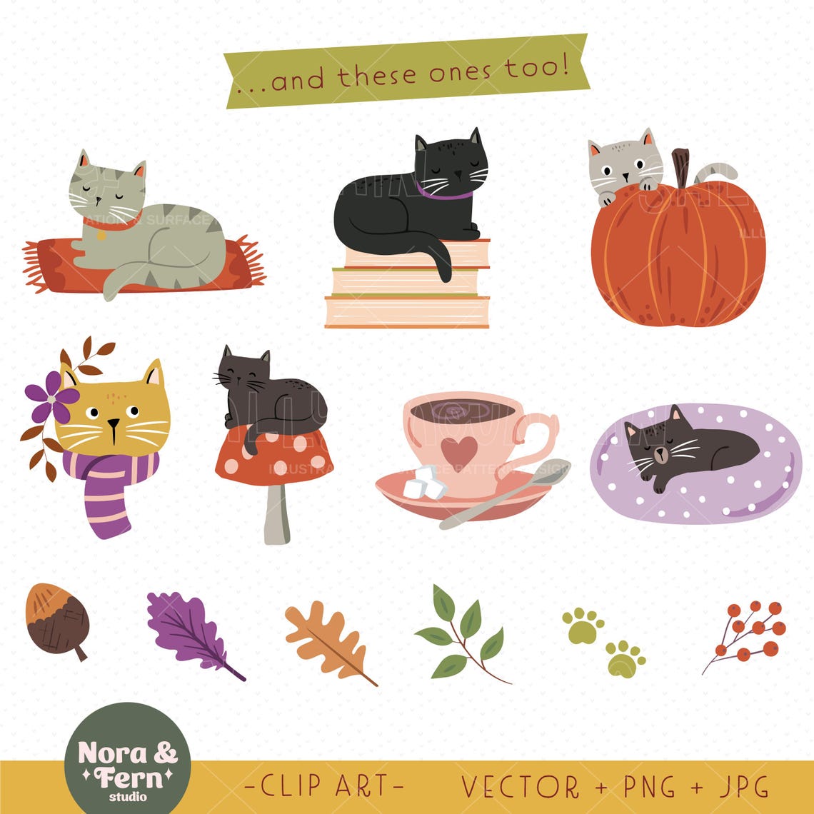 Cozy Cats Clip Art - Cute Fall Cat Clip Art, Cats PNG, Cat Illustration ...