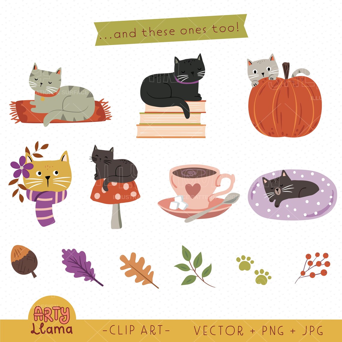 Cozy Cats Clip Art Cute Fall Cat Clip Art, Cats PNG, Cat Illustration ...
