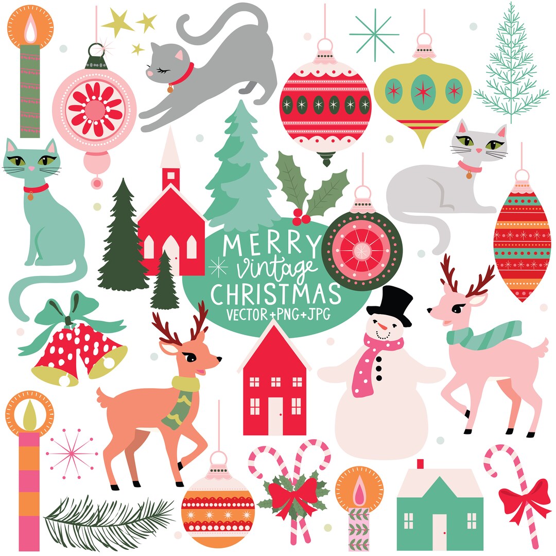 Merry Vintage Christmas Clip Art - Retro Christmas Clip Art Set ...