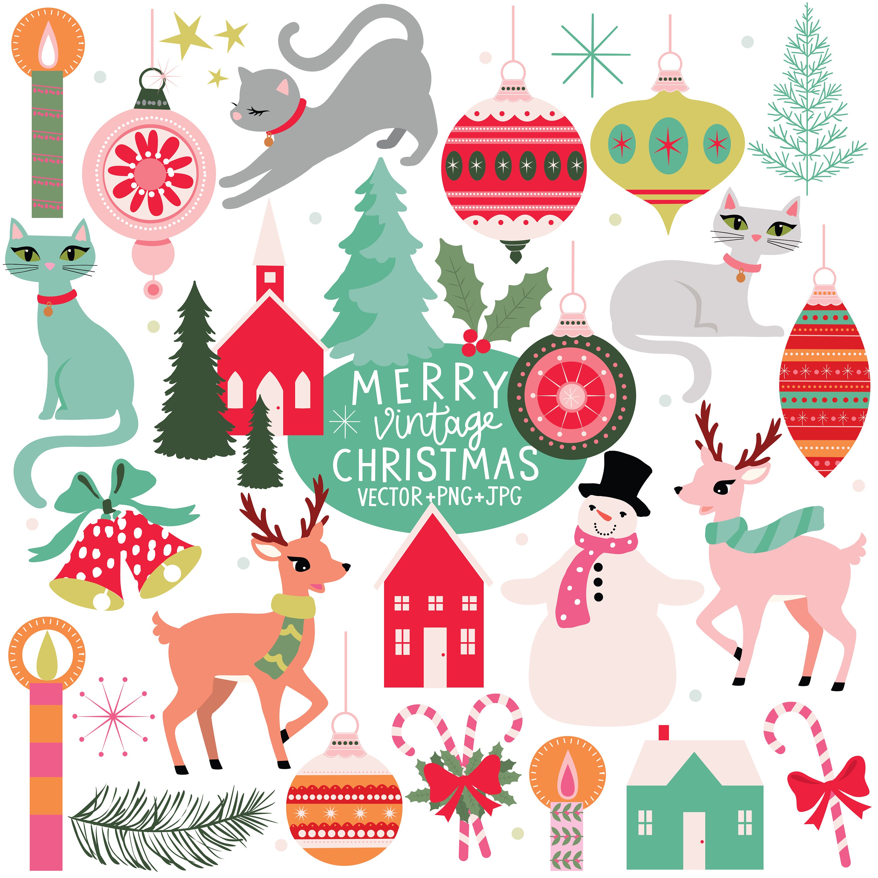 Merry Vintage Christmas Clip Art Retro Christmas Clip Art Set, Digital ...