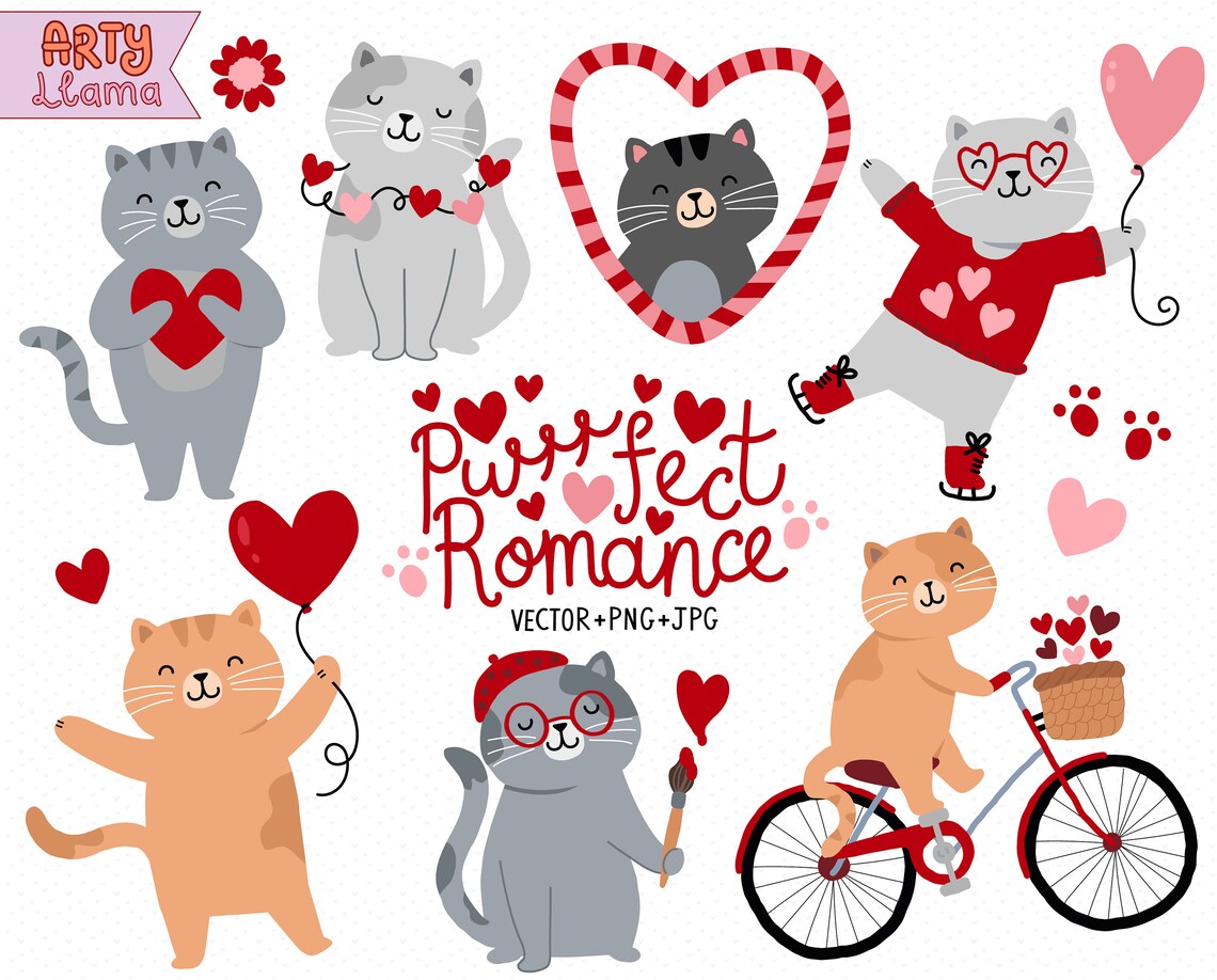 Purrrfect Romance Clip Art - Cute Cat Valentine Clip Art Set, Digital ...