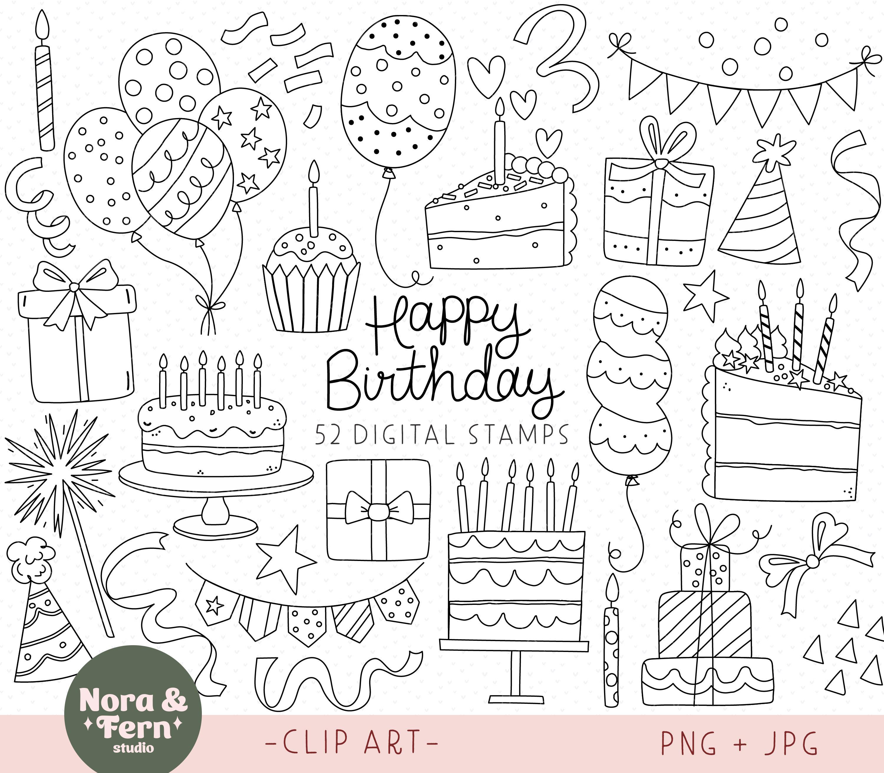 Birthday Digital Stamps Set: Hand Drawn Printable Balloons, Cake ...