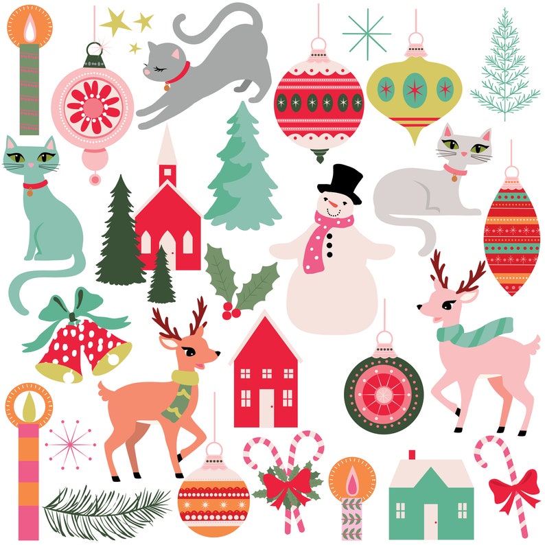 Merry Vintage Christmas Clip Art - Retro Christmas Clip Art Set ...