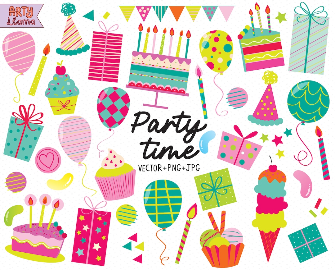 Party Time Clip Art - Bright Birthday Clip Art Set, Digital Printable ...