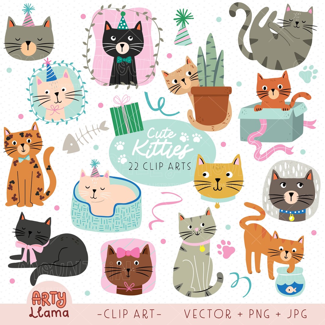 Cute Kitties Clip Art Cute Cat Clip Art, Cat PNG, Cat Illustration Set ...