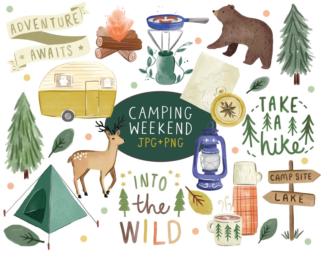 Watercolor Camping Clip Art Set: Woodland Bear, Tent, and Trees (PNG ...