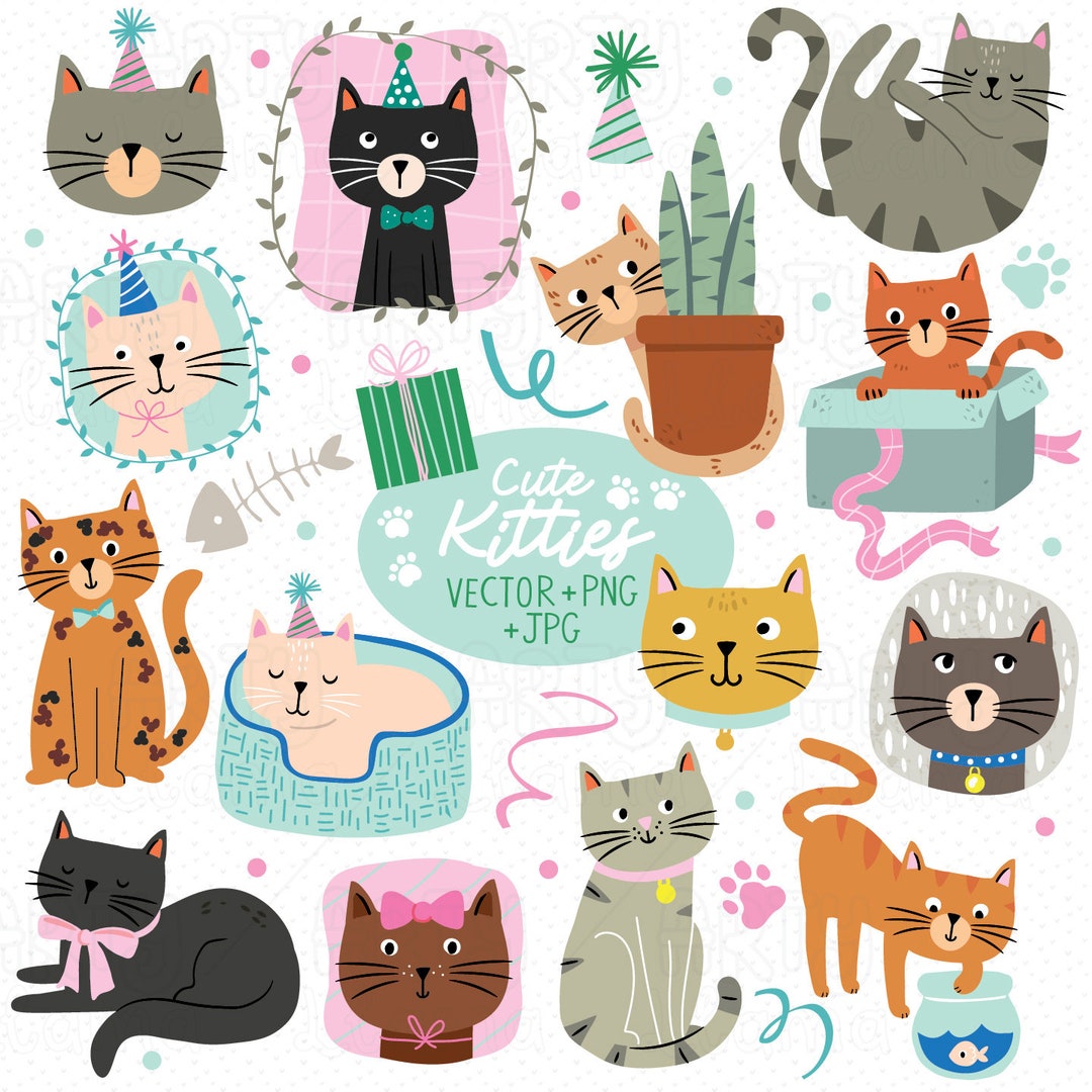 Cute Kitties Clip Art Cute Cat Clip Art, Cat PNG, Cat Illustration Set ...