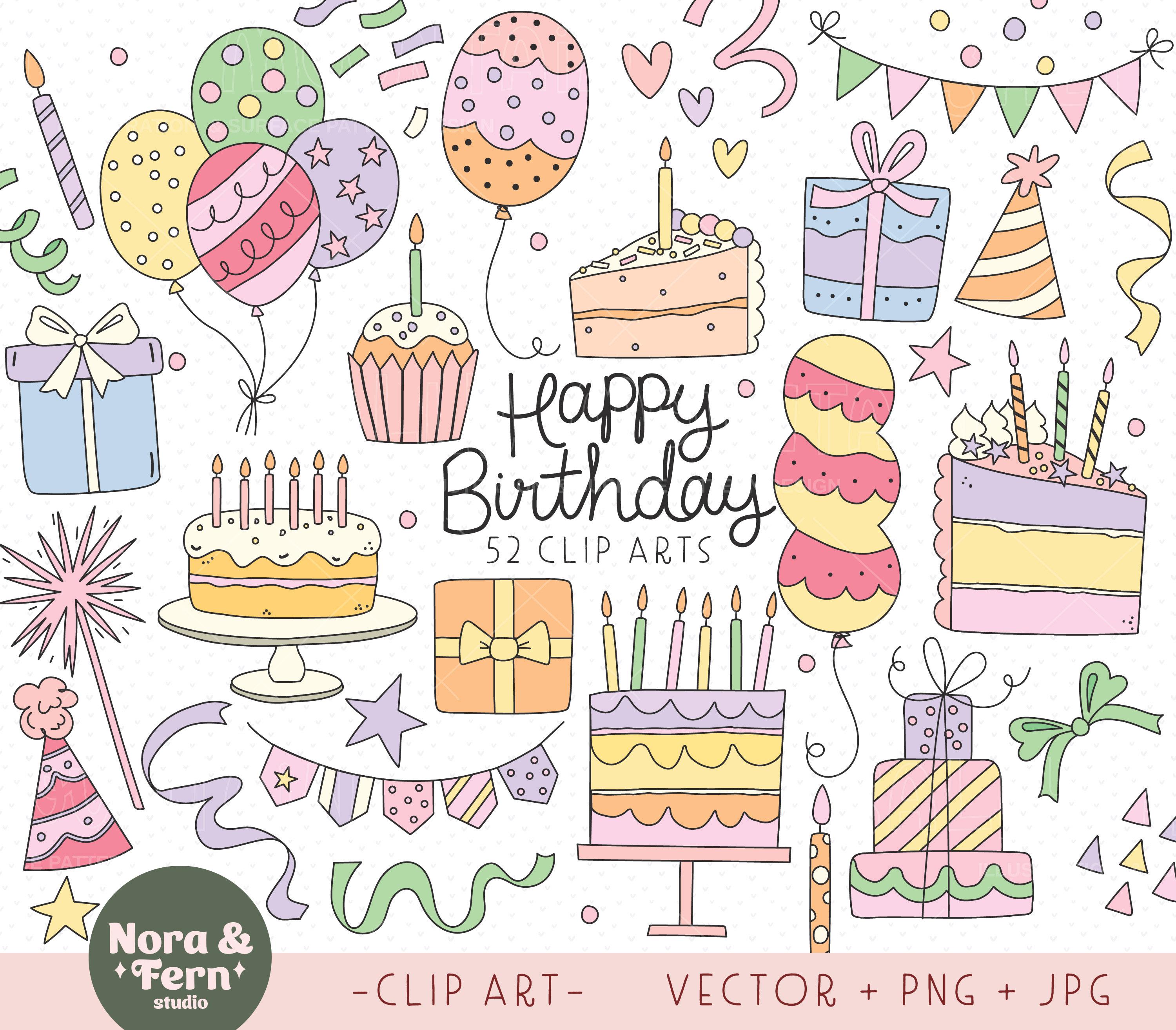 Happy Birthday Clip Art - Retro Doodle Birthday Clip Art Set, Digital ...