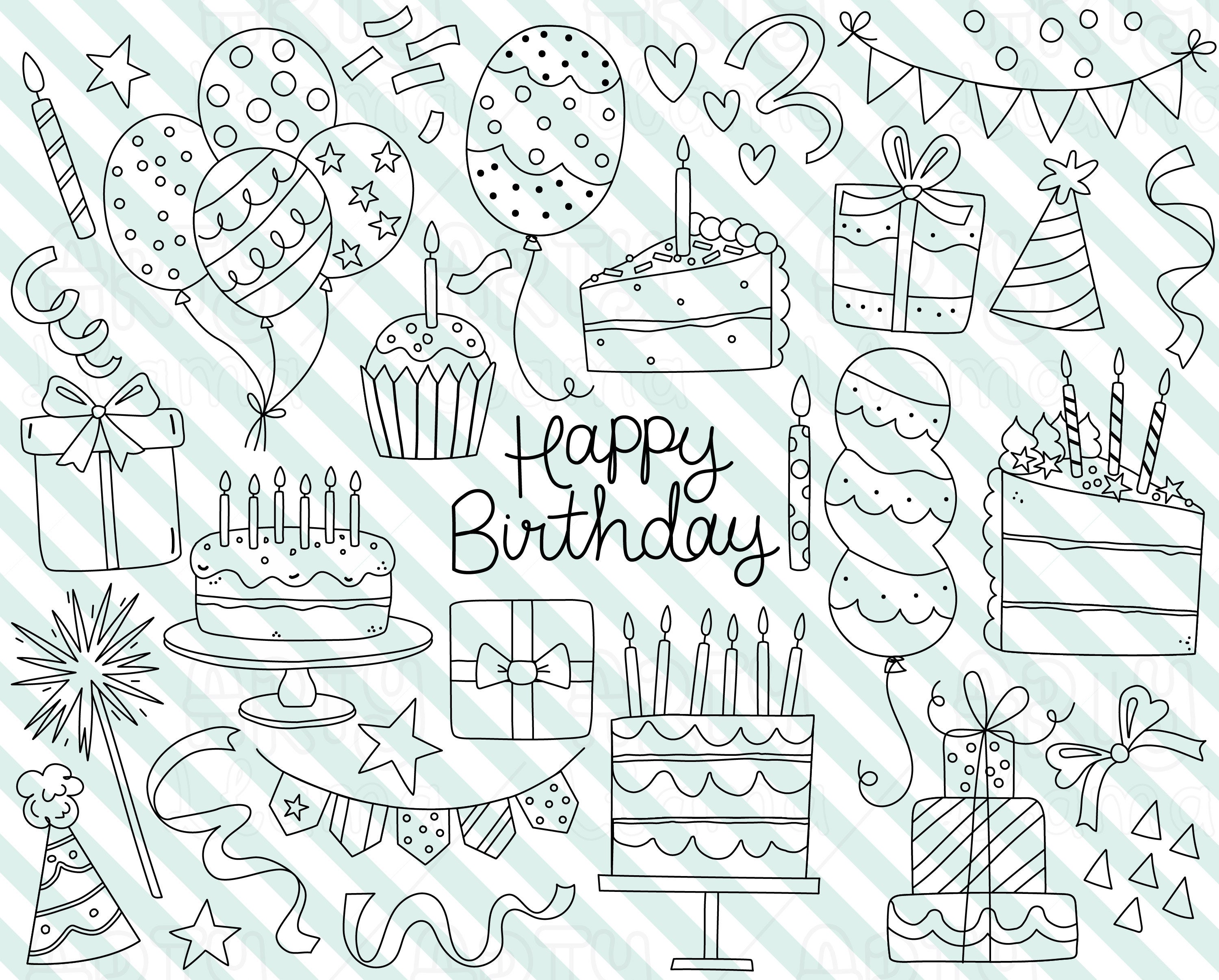 Birthday Digital Stamps Set: Hand Drawn Printable Balloons, Cake ...