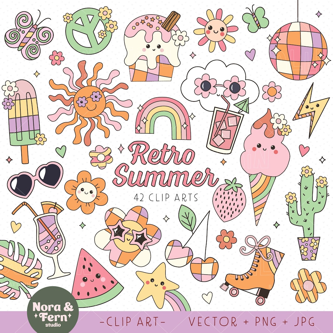 Retro Summer Designs Clip Art: Groovy Y2K Illustrations (PNG, JPG, EPS ...
