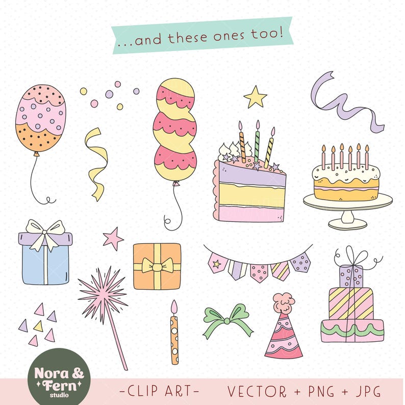 Happy Birthday Clip Art - Retro Doodle Birthday Clip Art Set, Digital ...