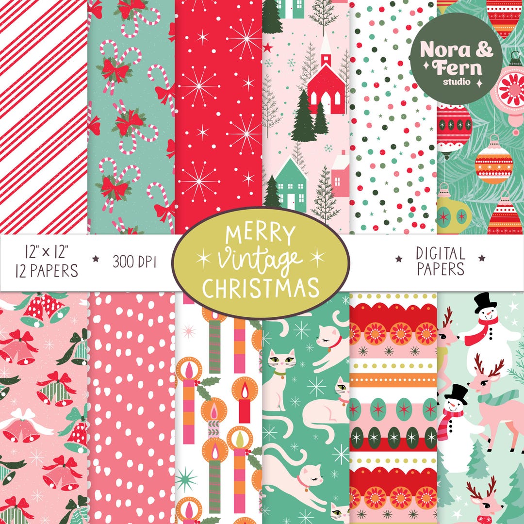 Merry Vintage Christmas Digital Patterned Papers - Retro Christmas ...
