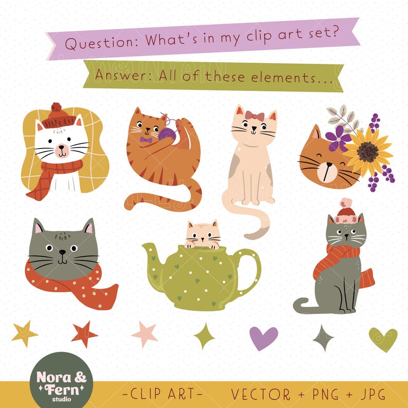 Cozy Cats Clip Art - Cute Fall Cat Clip Art, Cats PNG, Cat Illustration ...