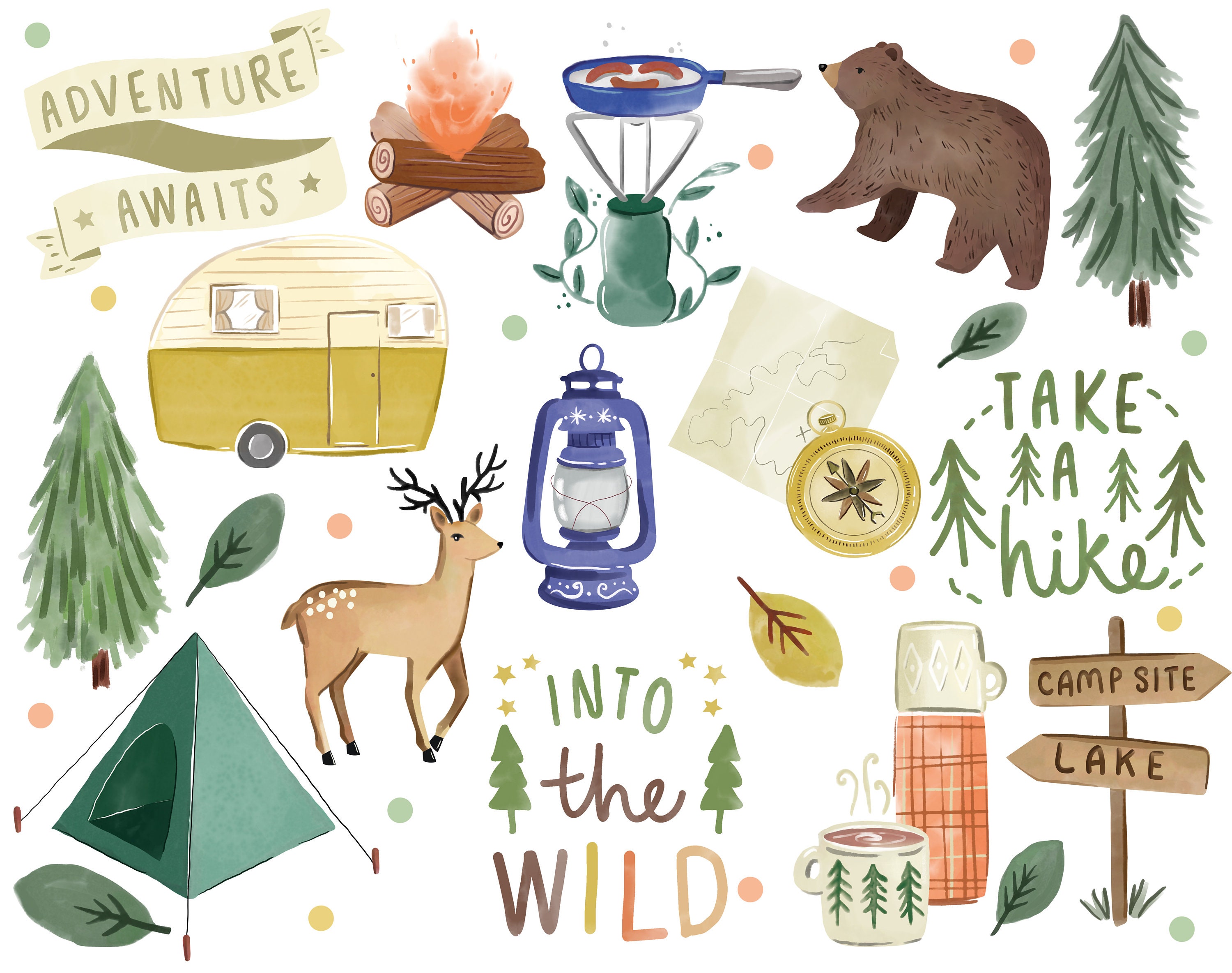 Watercolor Camping Clip Art Set: Woodland Bear, Tent, and Trees (PNG ...