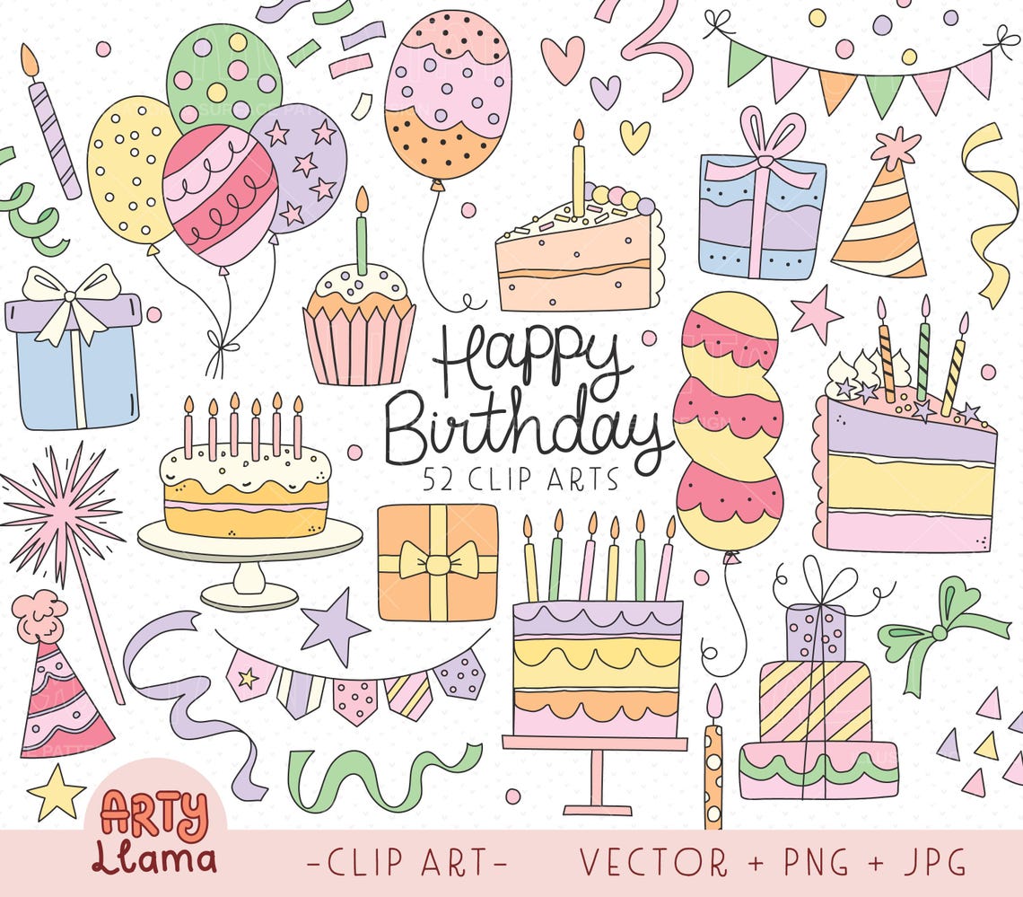 Happy Birthday Clip Art - Retro Doodle Birthday Clip Art Set, Digital ...
