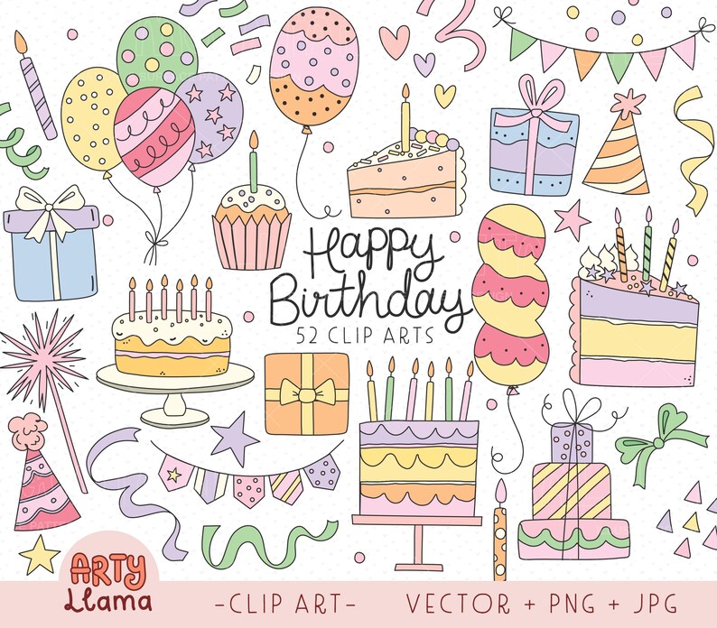 Happy Birthday Clip Art - Retro Doodle Birthday Clip Art Set, Digital ...