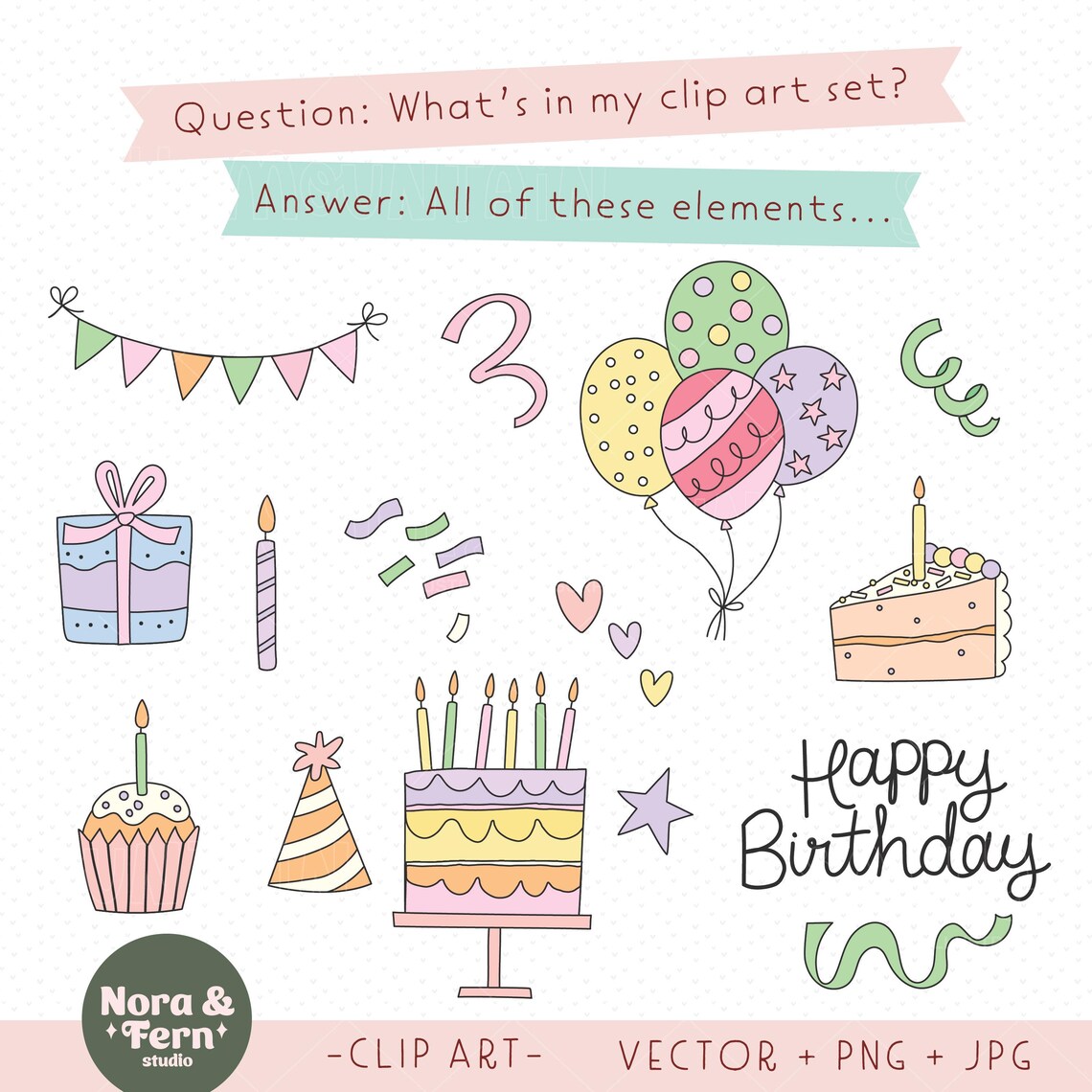 Happy Birthday Clip Art - Retro Doodle Birthday Clip Art Set, Digital ...
