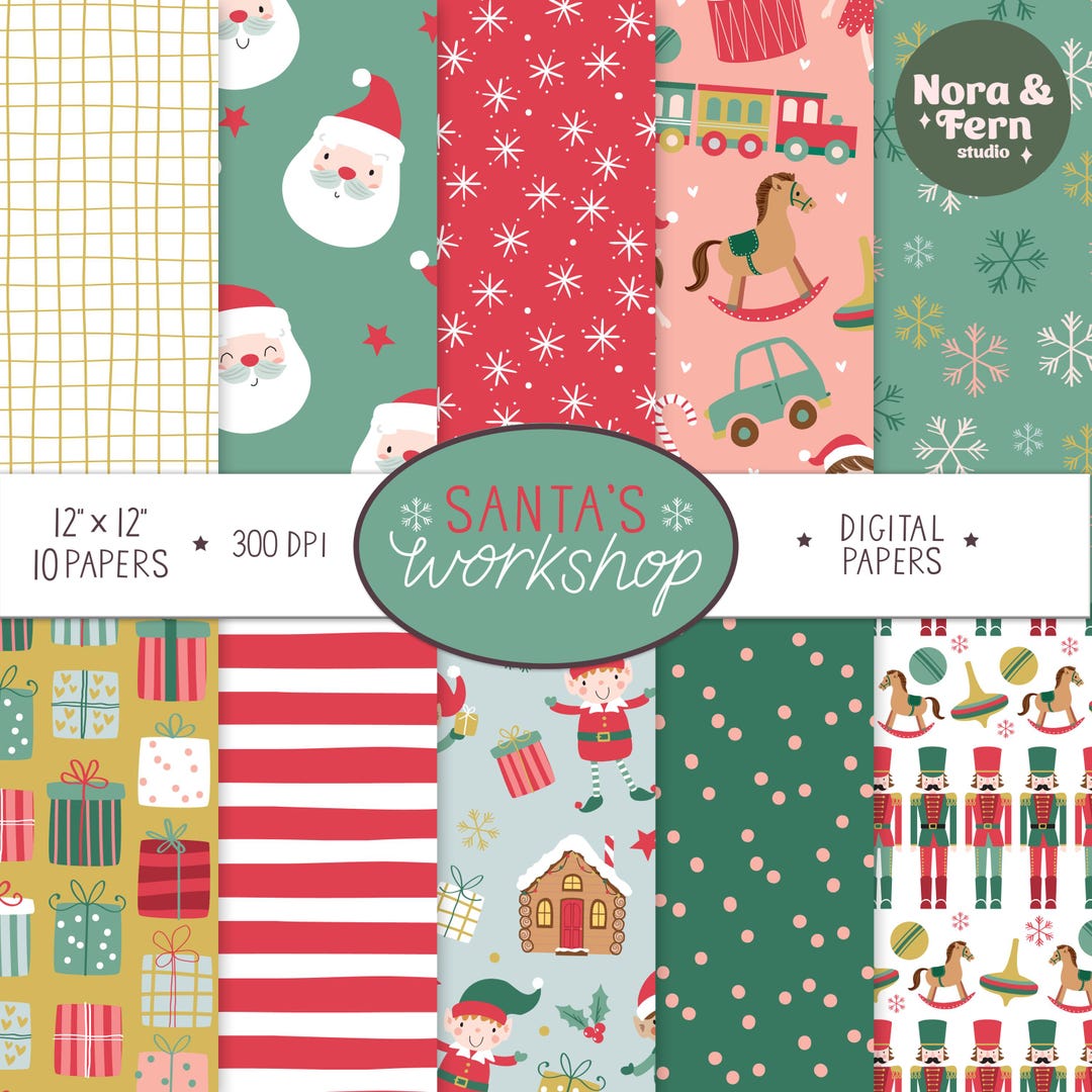 Christmas Pattern Digital Paper Pack: Santa's Workshop Toys, Elves ...