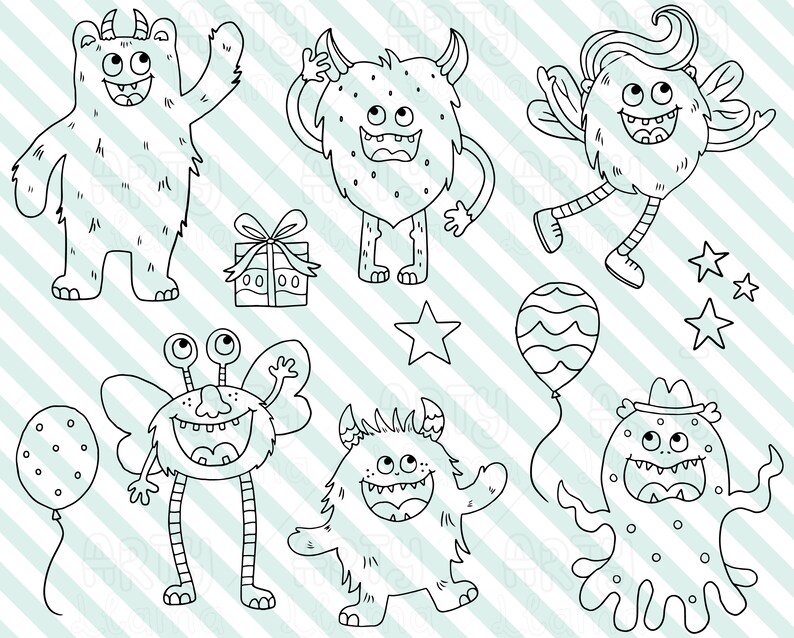 Hand Drawn Doodle Monster Digital Stamps: Black and White PNG Clipart ...
