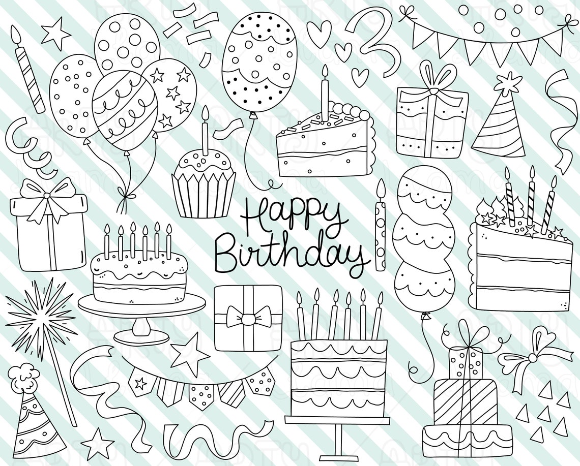 Birthday Digital Stamps Set: Hand Drawn Printable Balloons, Cake ...
