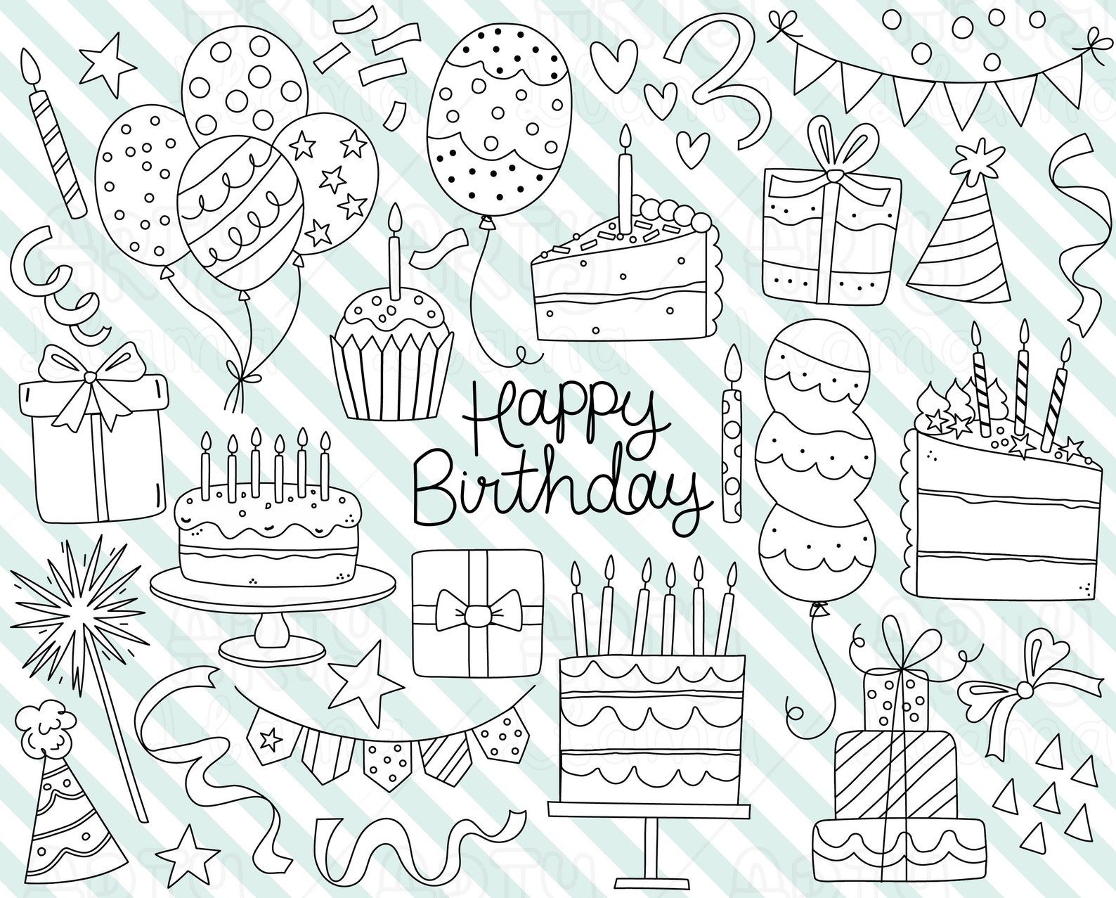 Birthday Digital Stamps Set: Hand Drawn Printable Balloons, Cake ...