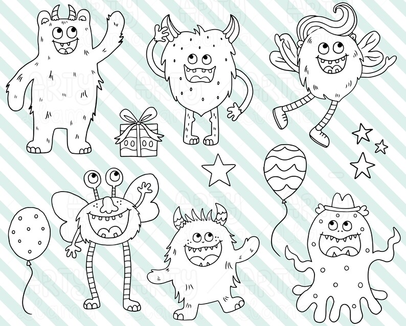 Hand Drawn Doodle Monster Digital Stamps: Black and White PNG Clipart ...