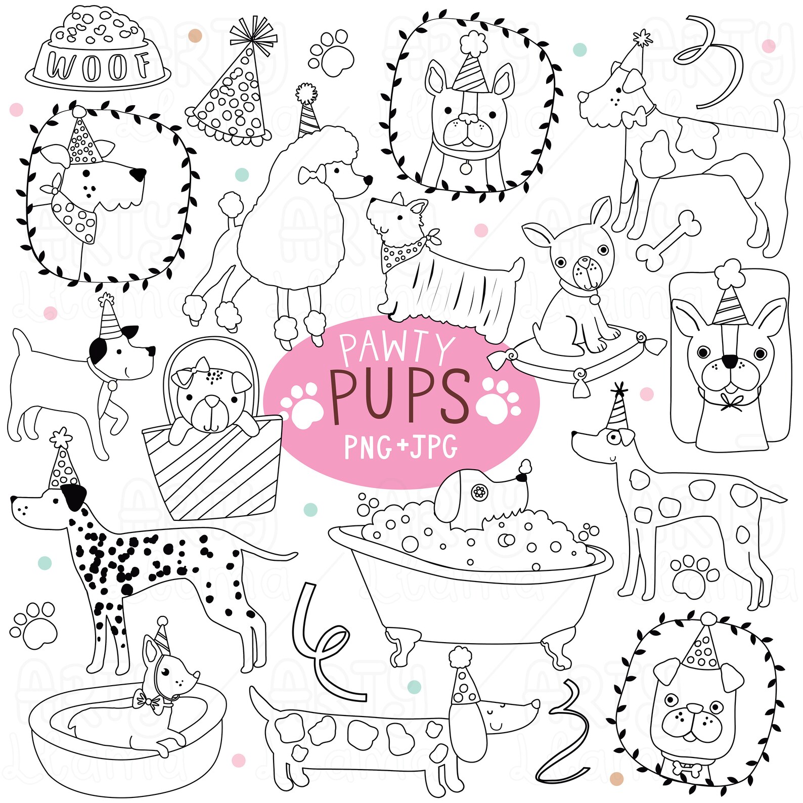 Pawty Pups Digital Stamps - Cute Dog Digital Stamps, Dogs PNG, Dog ...