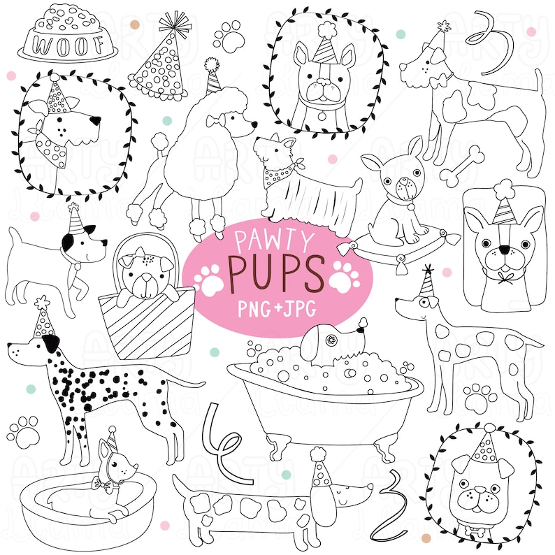 Pawty Pups Digital Stamps - Cute Dog Digital Stamps, Dogs PNG, Dog ...