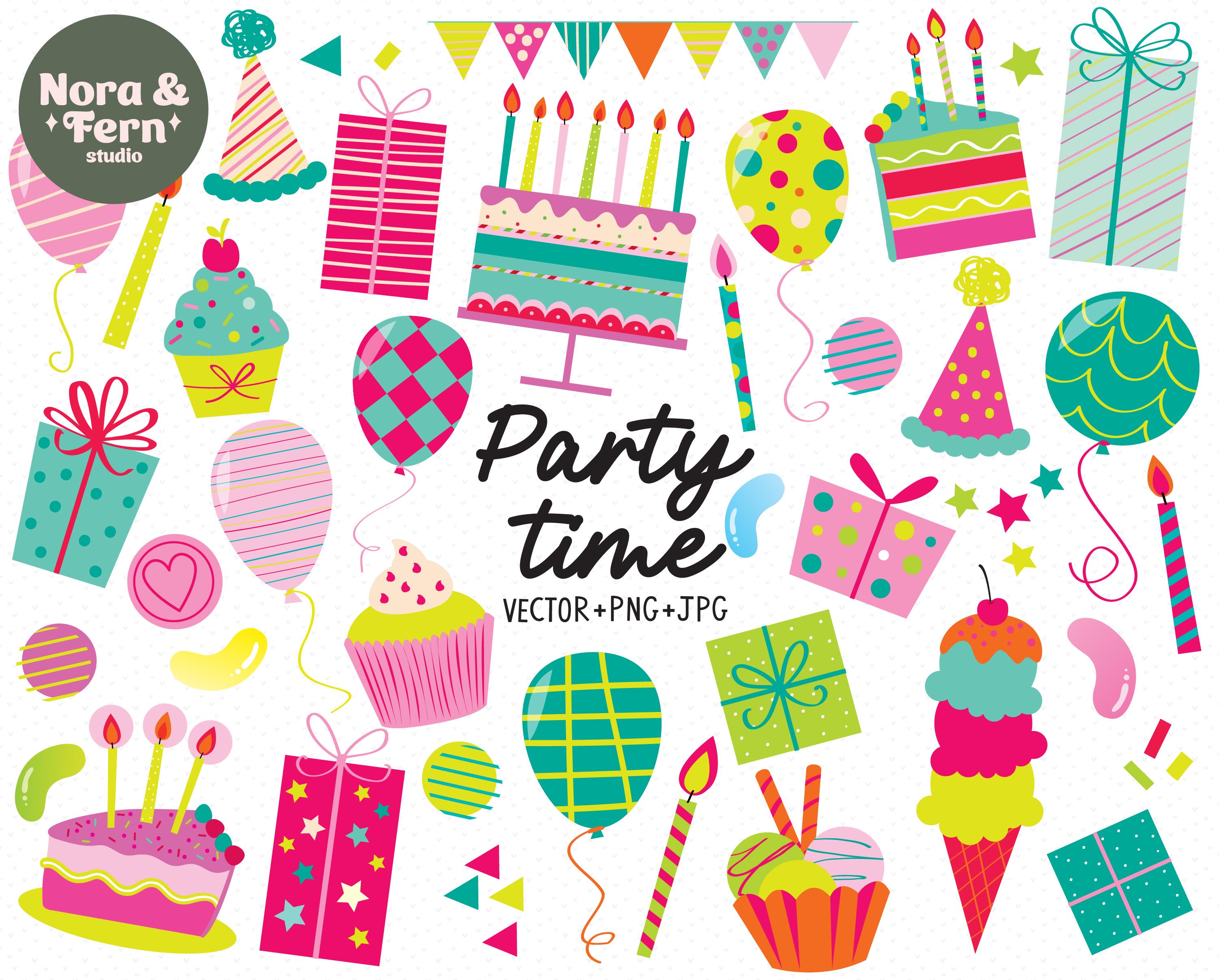 Party Time Clip Art - Bright Birthday Clip Art Set, Digital Printable ...
