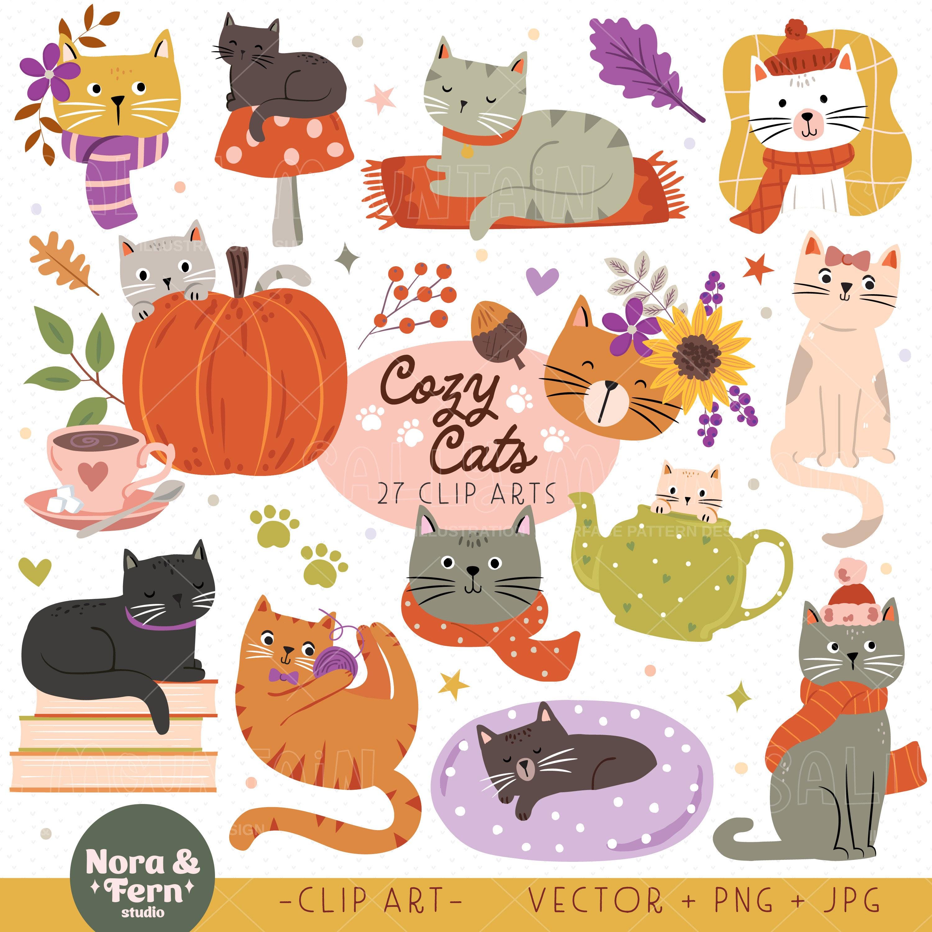 Cozy Cats Clip Art - Cute Fall Cat Clip Art, Cats PNG, Cat Illustration ...
