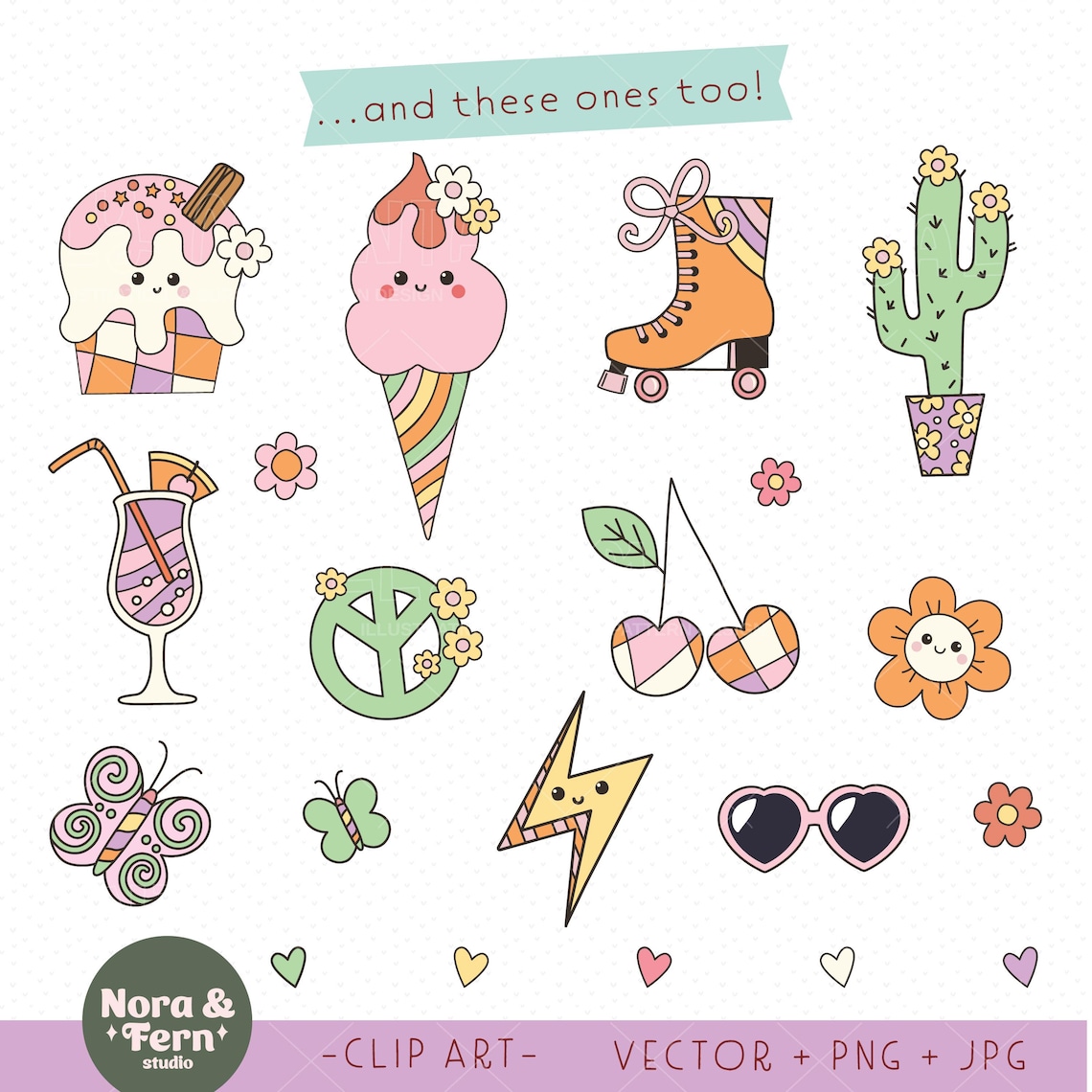 Retro Summer Designs Clip Art: Groovy Y2K Illustrations (PNG, JPG, EPS ...