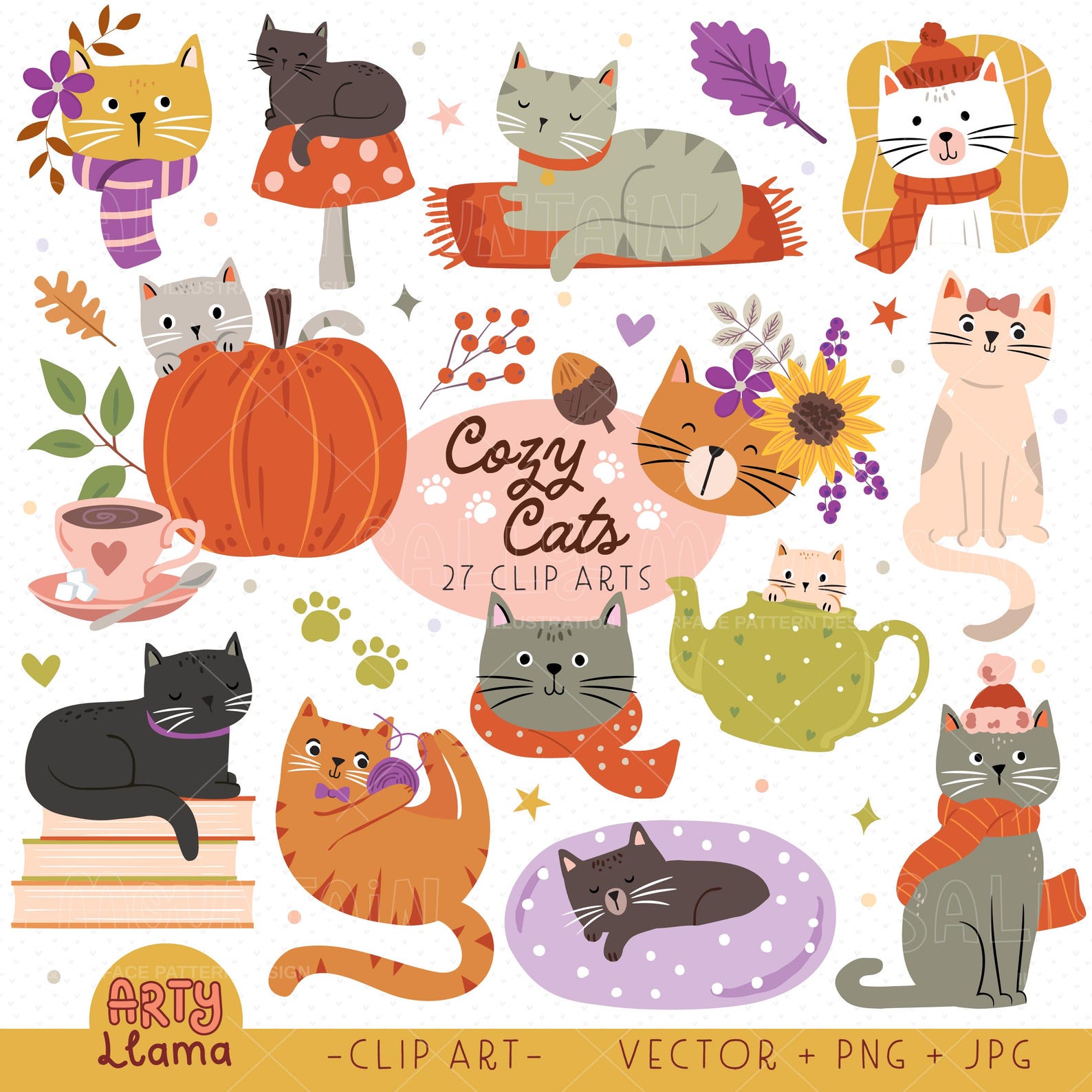 Cozy Cats Clip Art Cute Fall Cat Clip Art, Cats PNG, Cat Illustration ...
