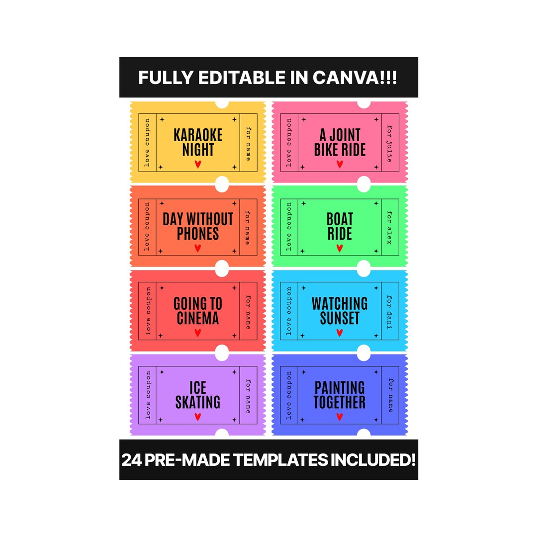 Printable Coupon Template Pack Customizable Love Vouchers & Birthday ...